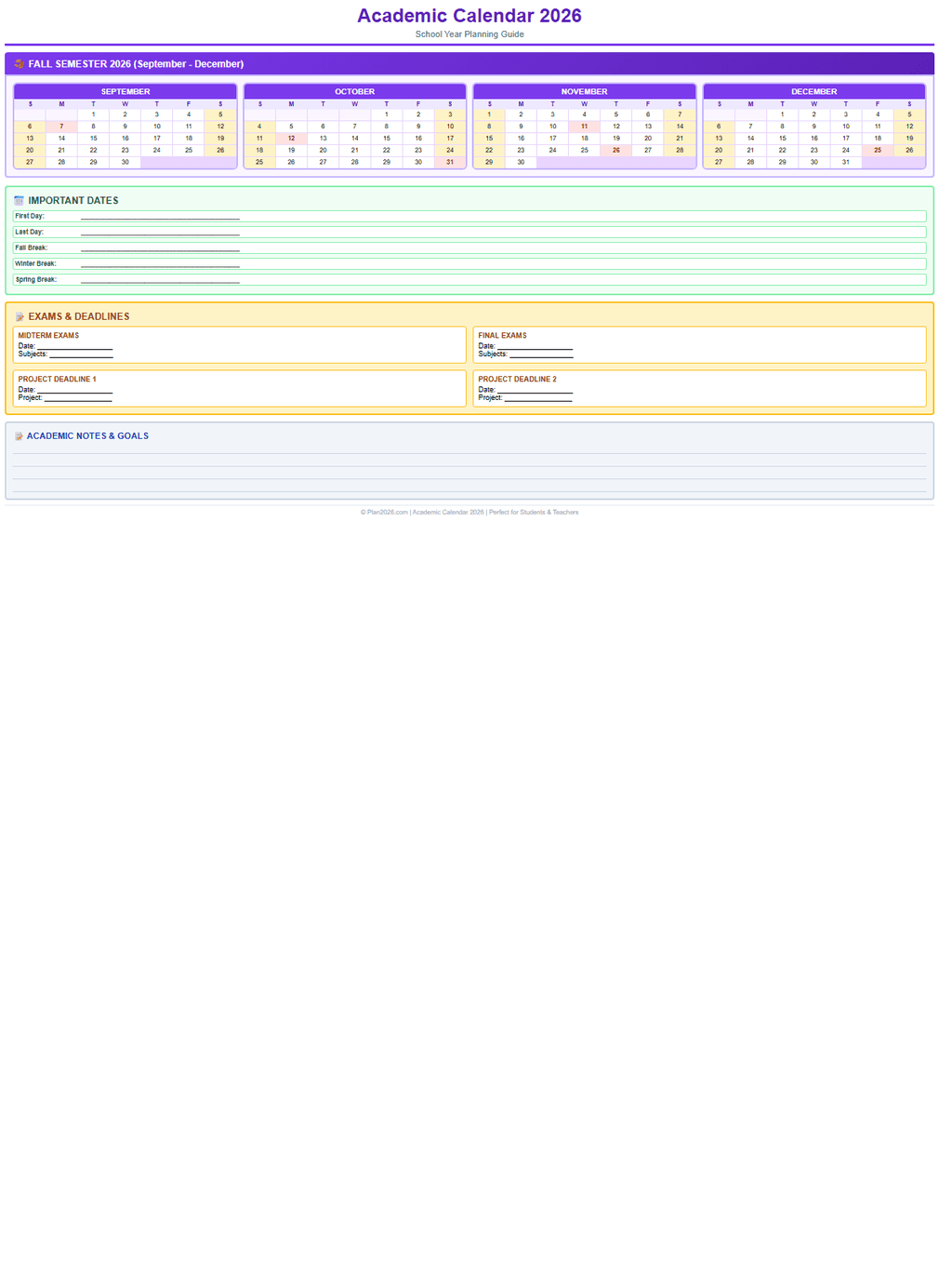 Academic Calendar 2026 - Free Download | Plan2026 | Plan2026