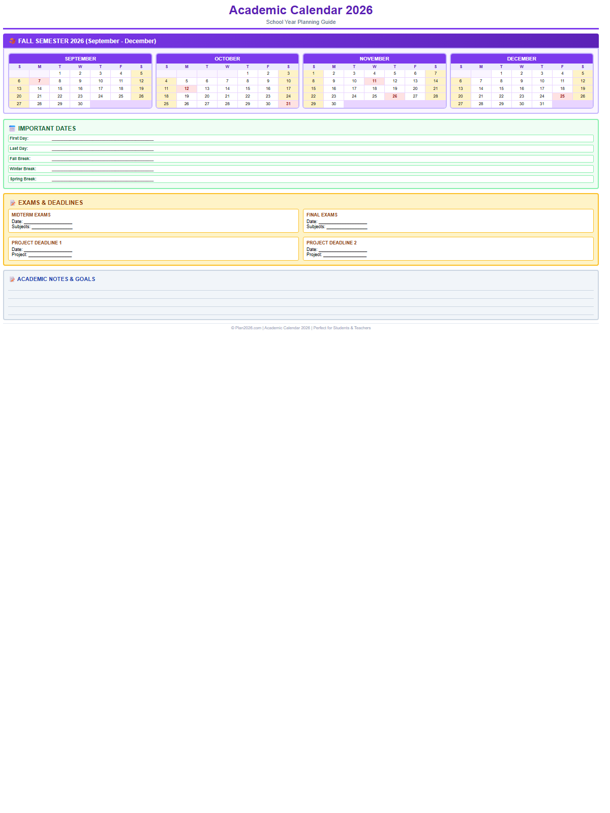 Academic Calendar 2026 - Free Download | Plan2026 | Plan2026