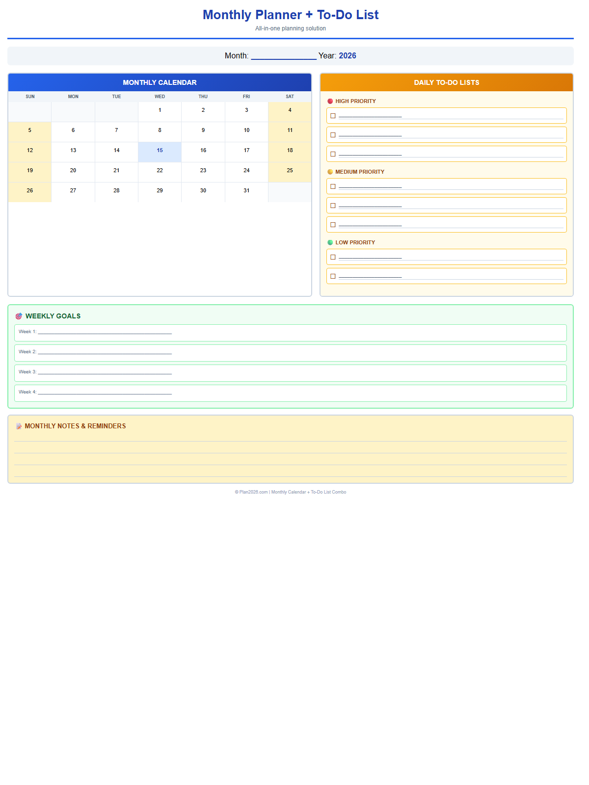 Calendar + To-Do List Combo - Free Download | Plan2026 | Plan2026