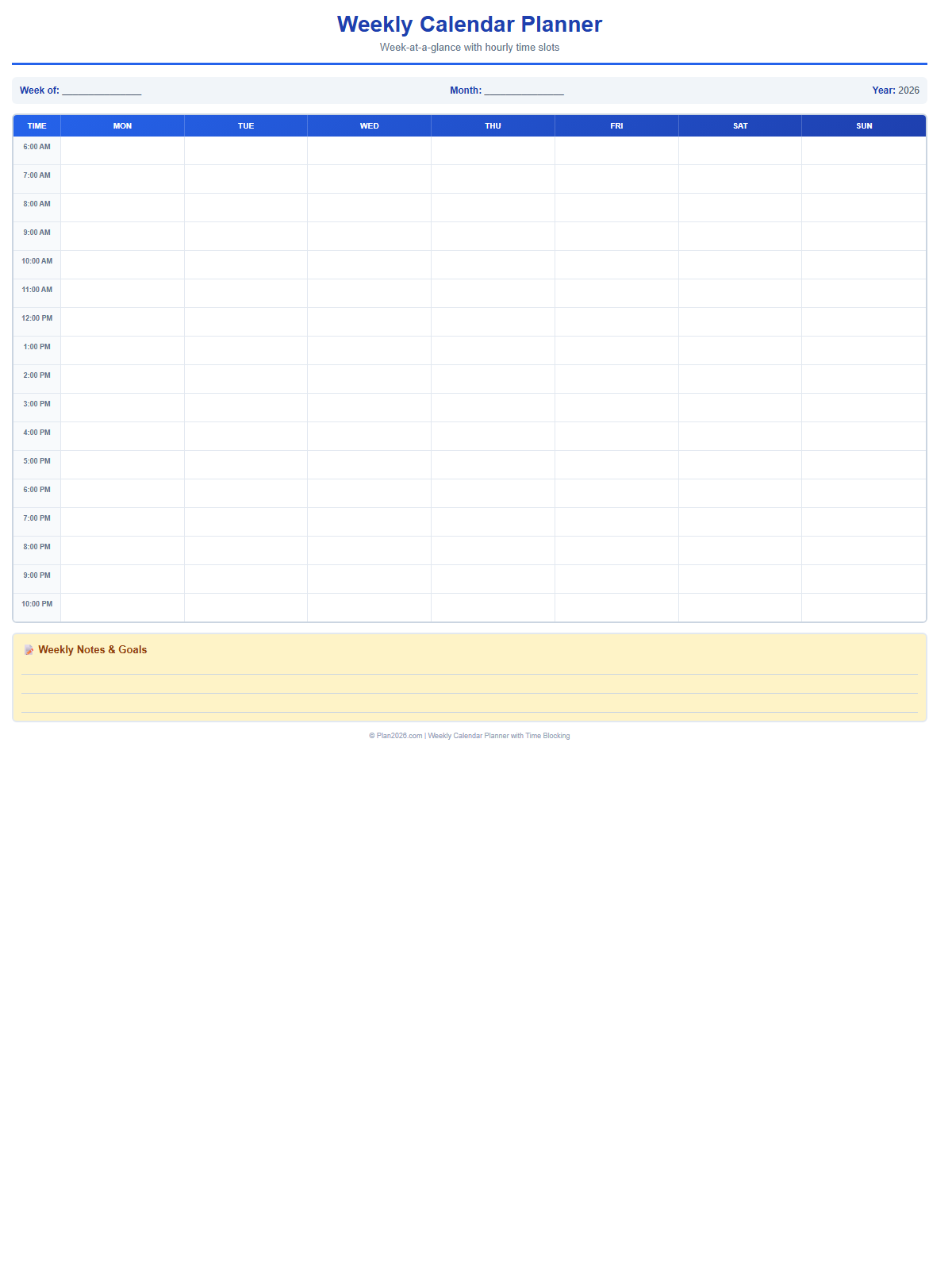 Weekly Calendar Planner - Free Download | Plan2026 | Plan2026